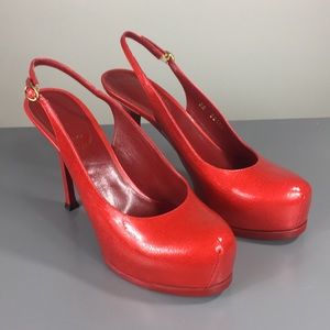 Yves Saint Laurent | Shoes | Ysl Red Tribtoo Platform Slingback Heels ...